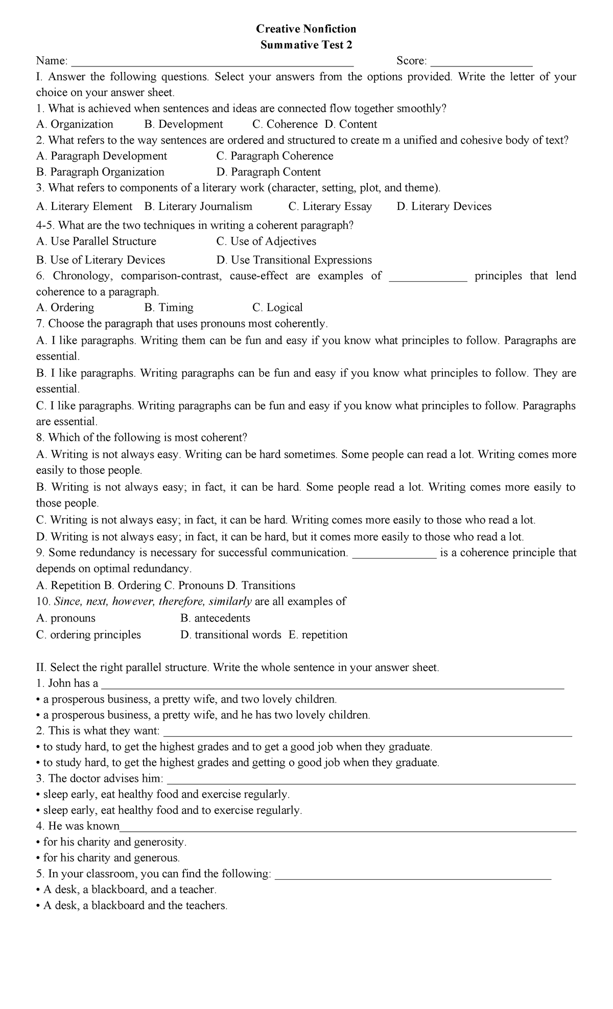 Grade 12 HUMSS Week 2 Summative Test: Creative Nonfiction Skills - Studocu