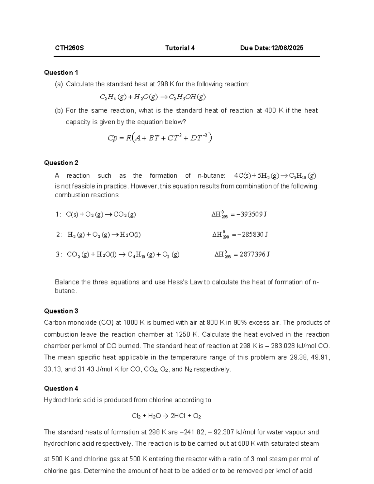 CTH260S Tutorial 4: Heat Calculations and Reactions Analysis - Studocu