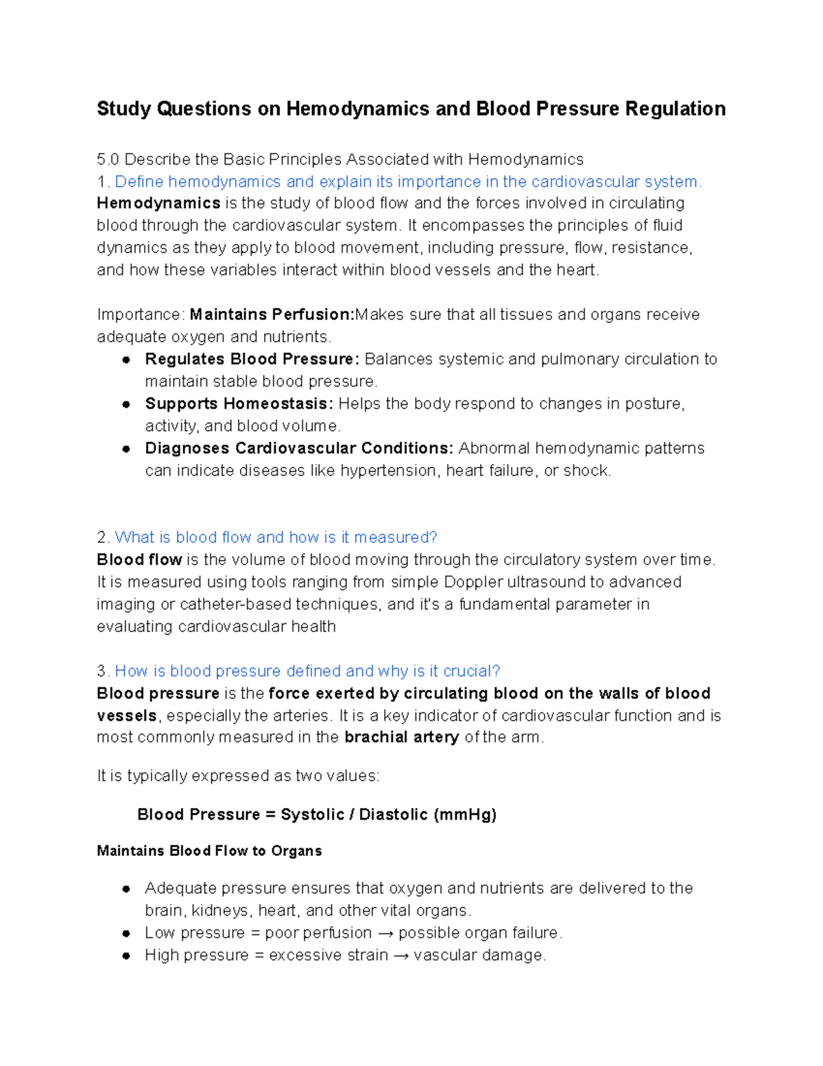 Study Guide on Hemodynamics & Blood Pressure Regulation for BSC 101 ...