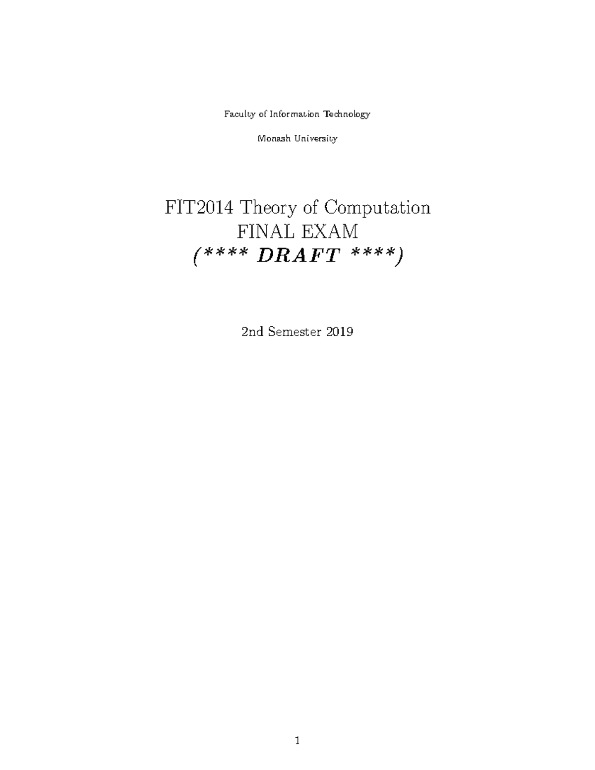 FIT2014 Theory of Computation Final Exam Draft 2nd Sem 2019 - Studocu