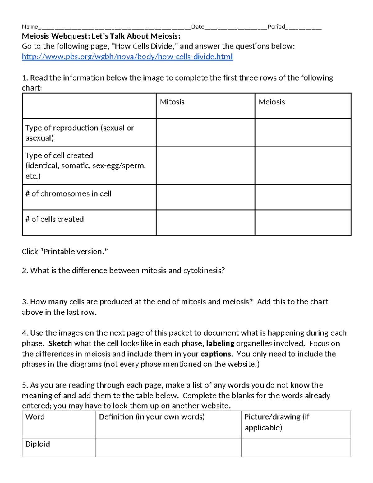 Meiosis Webquest Activity for Biology Class: Exploration of Cell ...