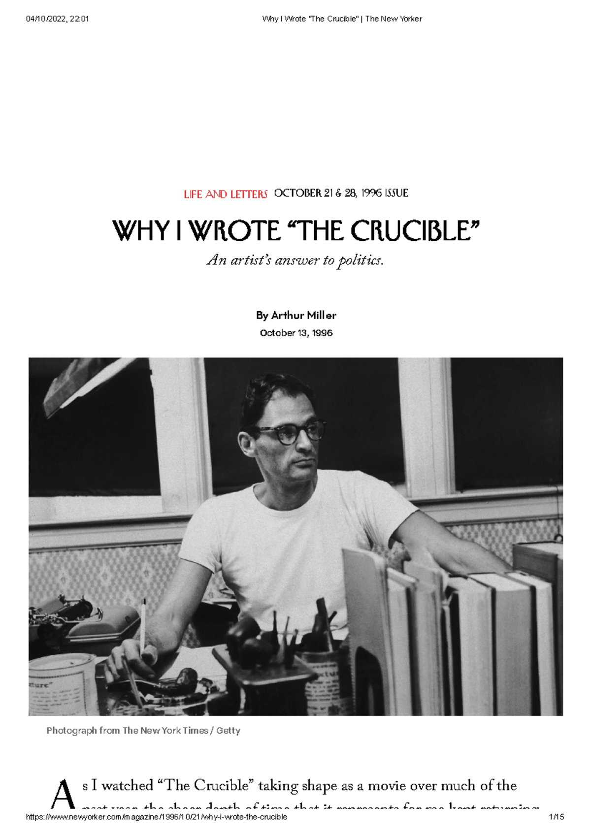 3 - 10 Why I Wrote The Crucible The New Yorker - A Life and Letters ...