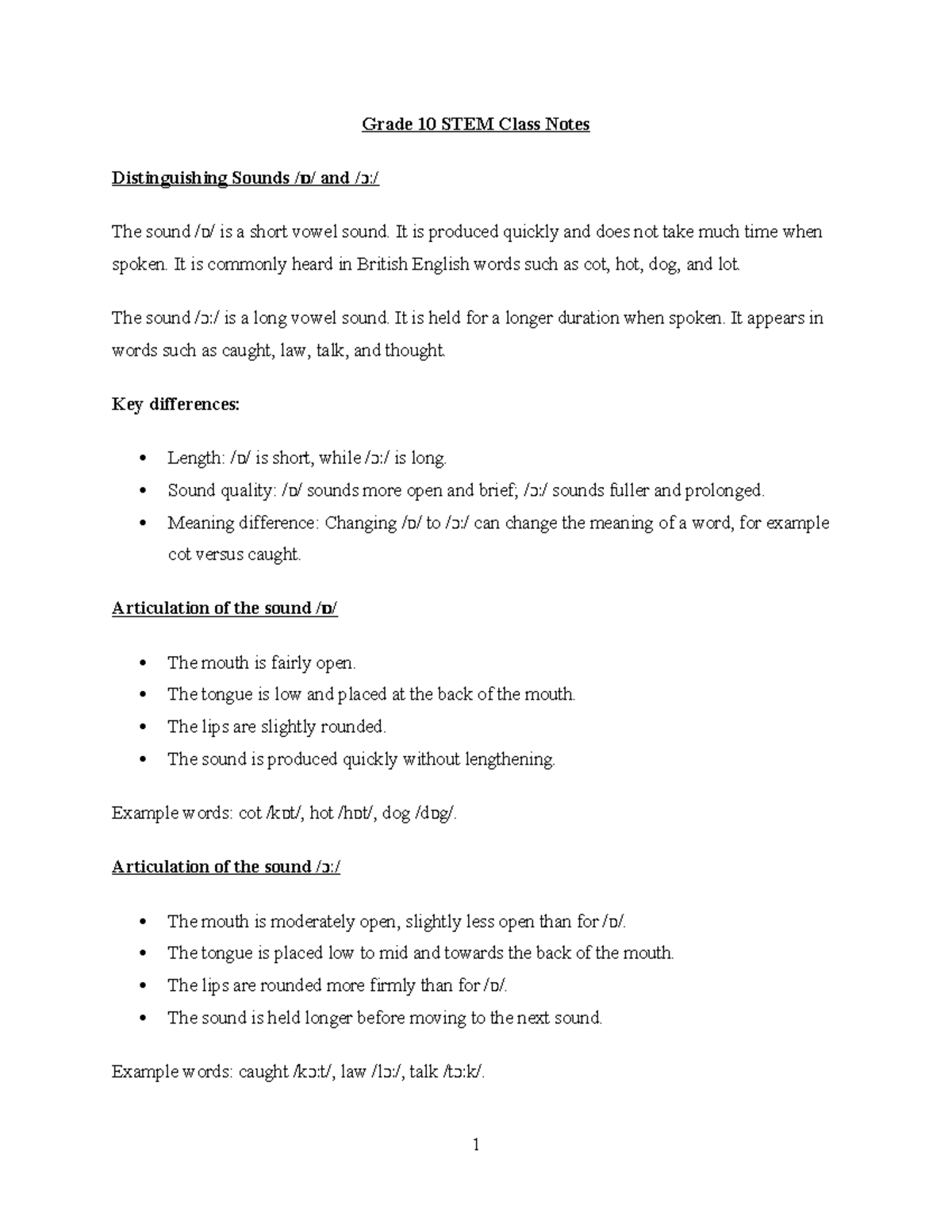 Grade 10 STEM Class Notes: Distinguishing Short and Long Vowel Sounds ...