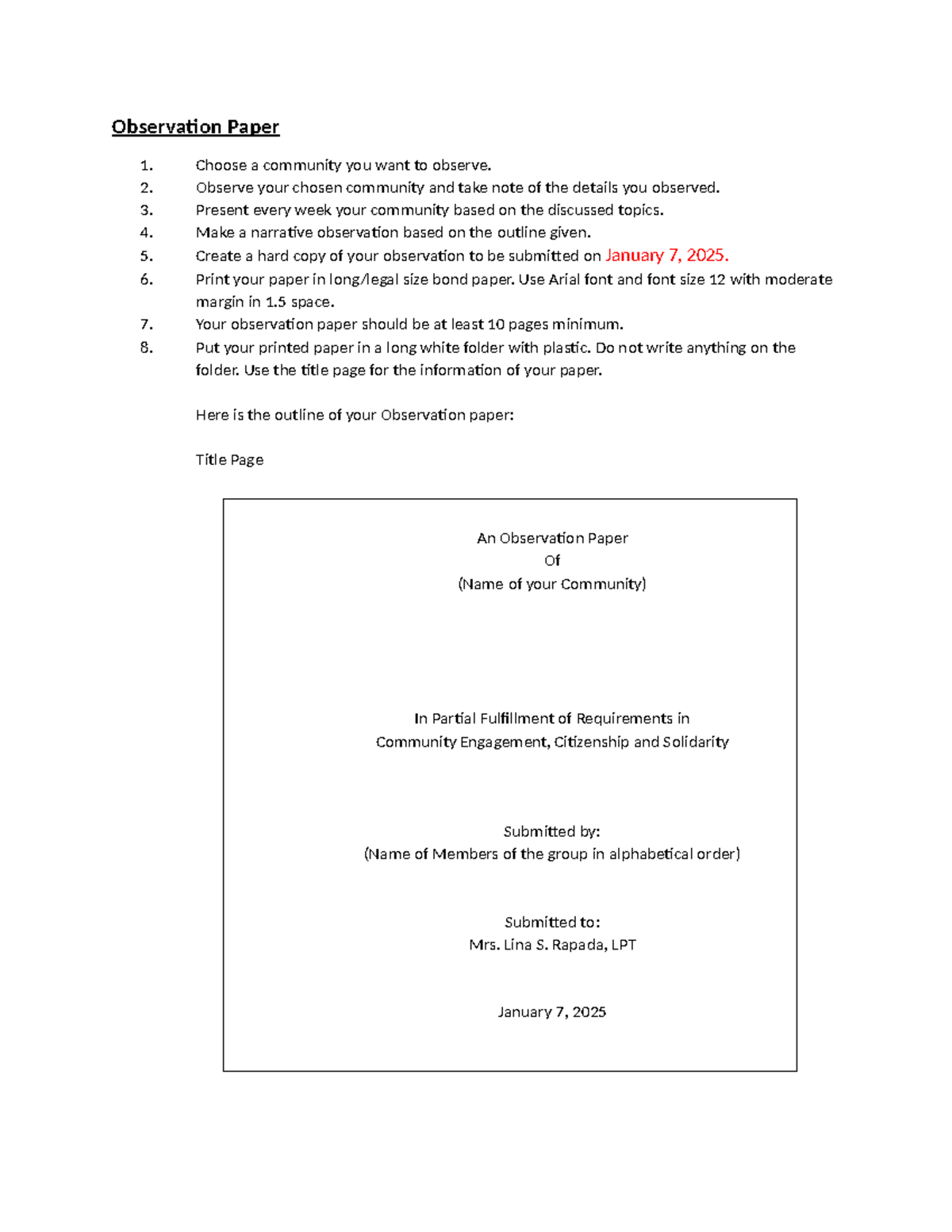 Observation Paper: Community Engagement Insights (ENG 101) - Studocu