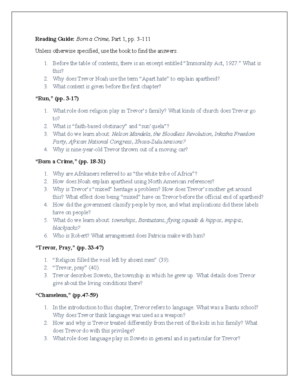 Born a Crime Reading Guide: Part 1 Analysis & Questions - Studocu