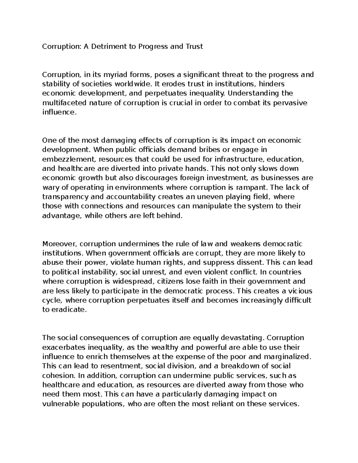 Corruption: A Short Essay on Its Impact and Consequences - Studocu