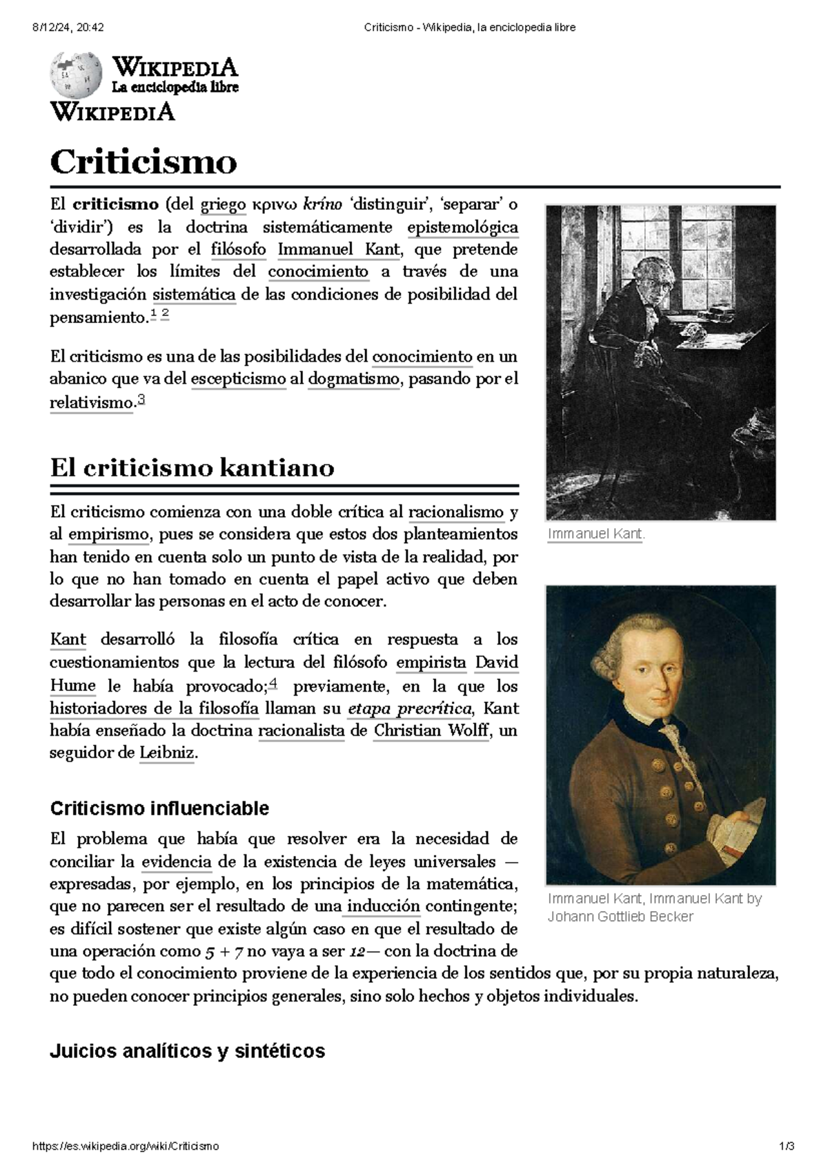 Criticismo - Wikipedia, la enciclopedia libre - Immanuel Kant. Immanuel ...