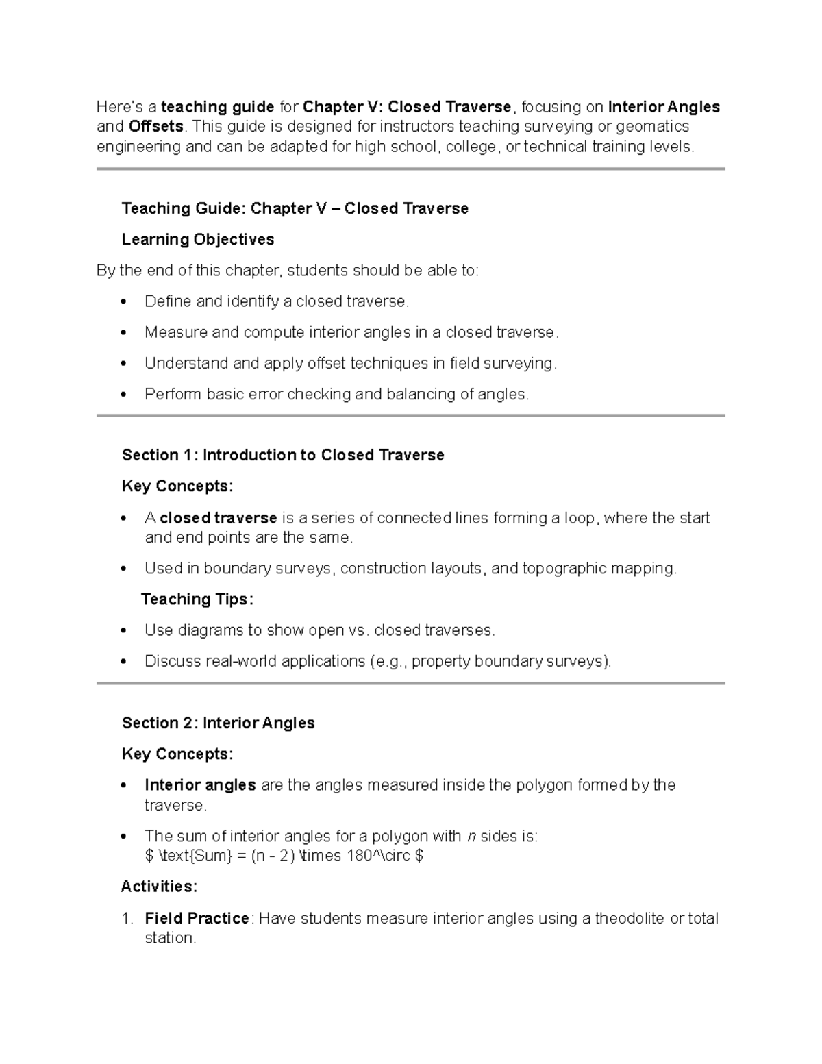 Teaching Guide: Surveying Chapter V - Closed Traverse & Angles - Studocu