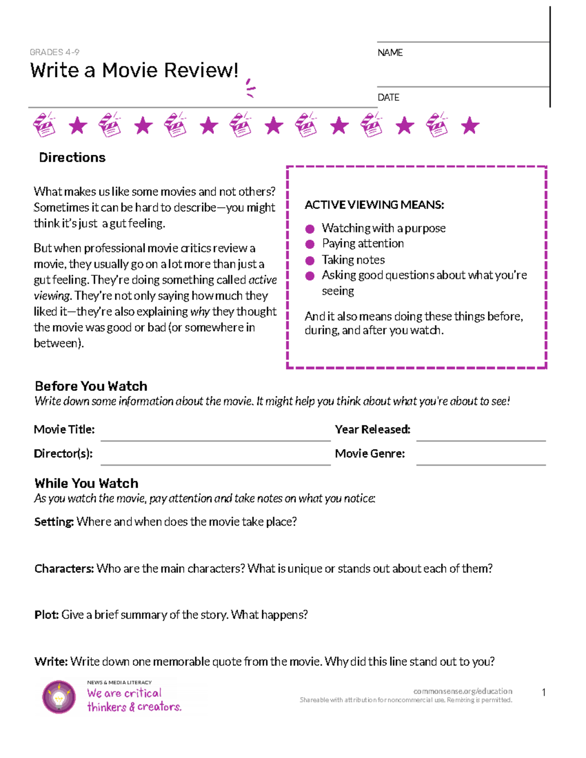 2021 Movie Review Active Viewing Guide - GRADES 4- Write a Movie Review ...