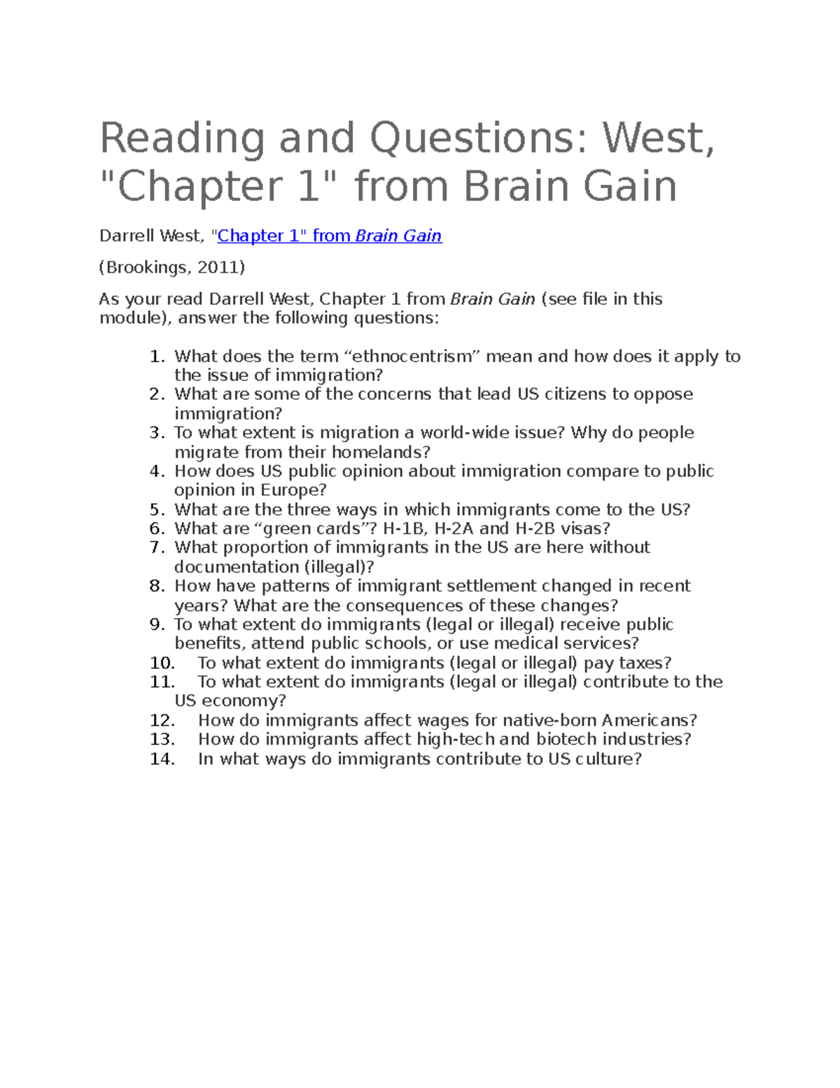 West, Reading Questions for Chapter 1 of Brain Gain (Unit 5) - Studocu