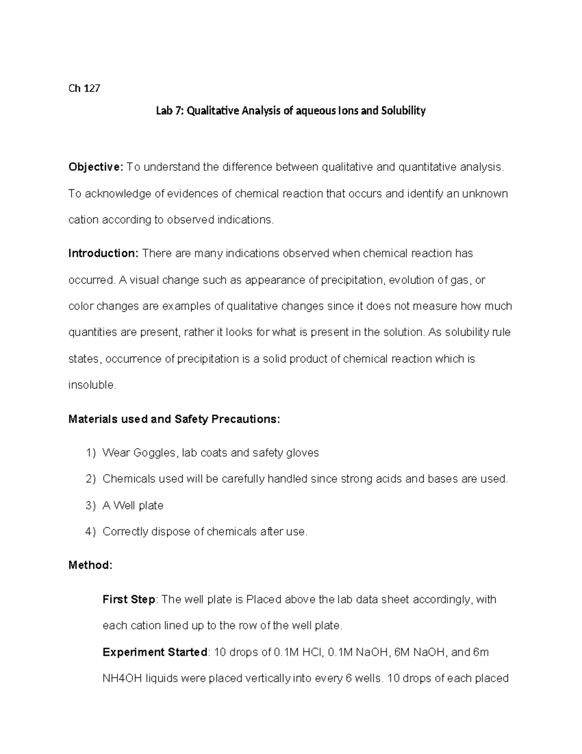 Lab 7 Report: Qualitative Analysis of Aqueous Ions & Solubility - Studocu