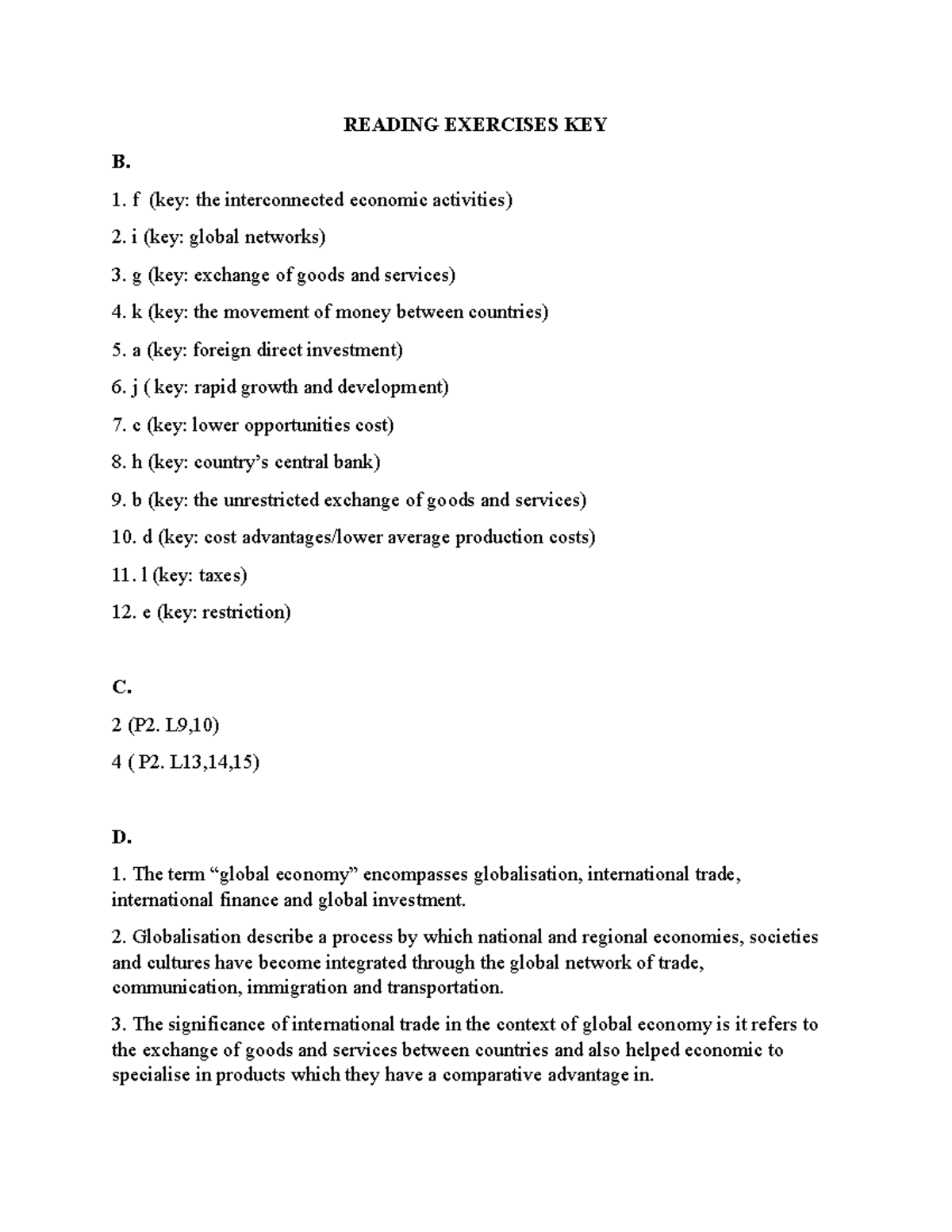Global Economy Reading Exercises KEY (Study Guide) - Studocu