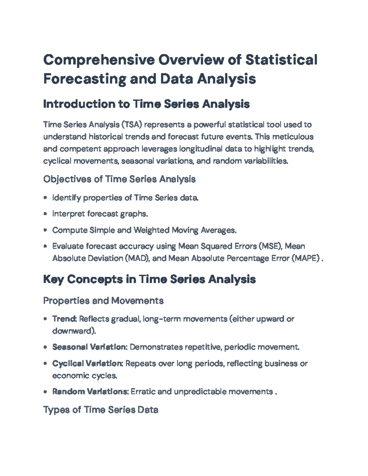 Time Series Analysis (TSA) and Statistical Techniques for Data ...