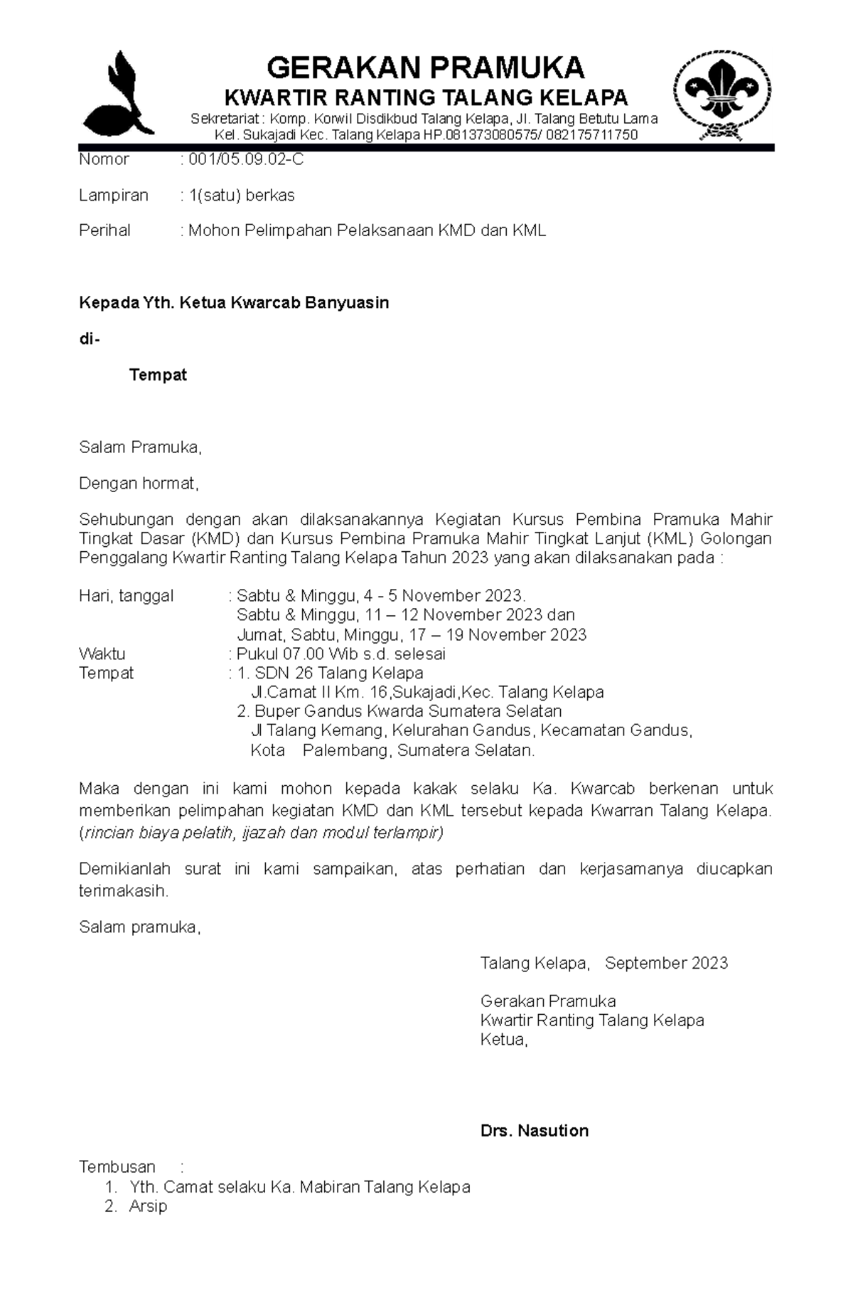 Surat Permohonan Pelimpahan Kegiatan KMD & KML 2023 Kwarcab - Studocu