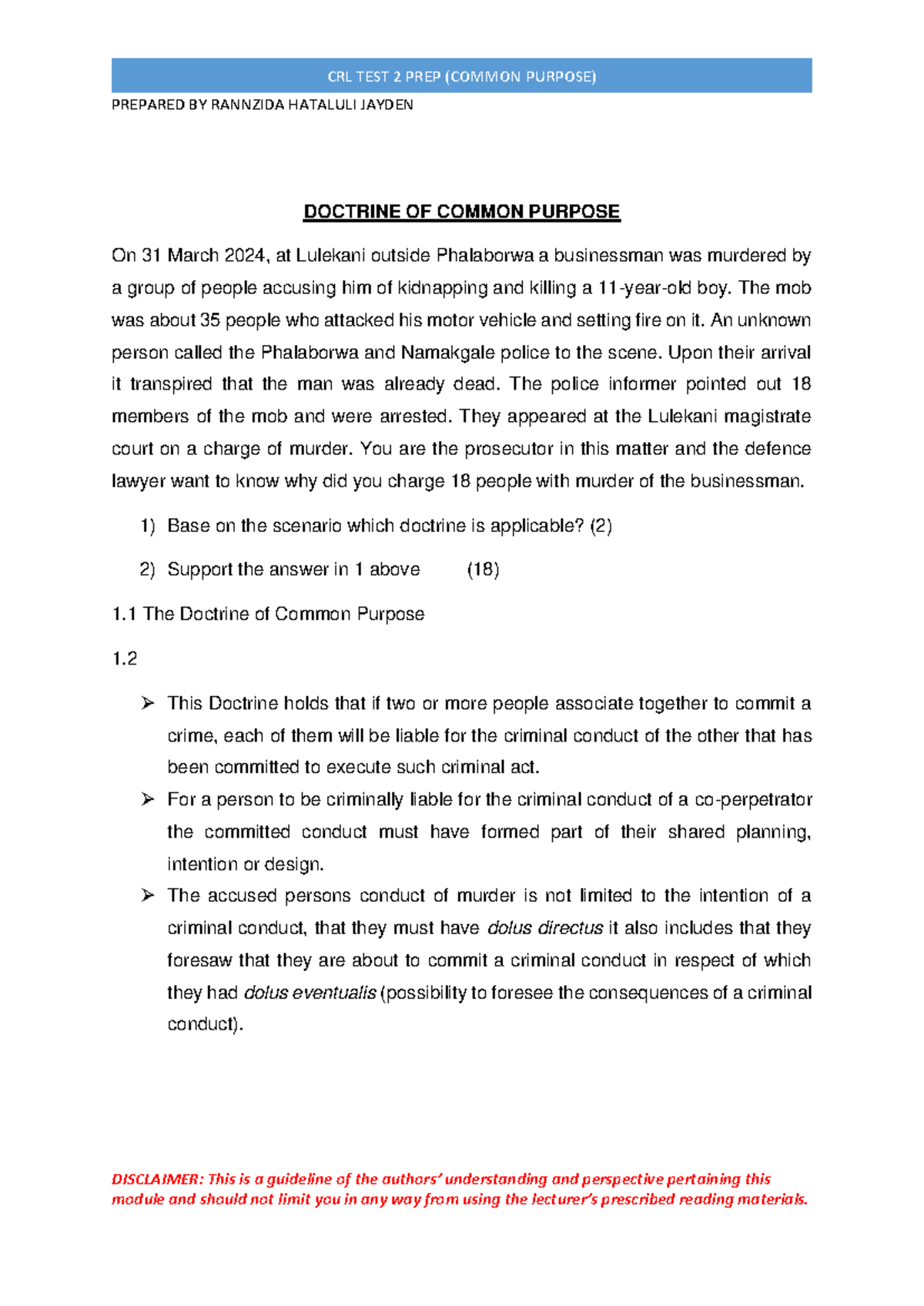 CRL TEST 2 PREP: Doctrine of Common Purpose Analysis and Requirements ...