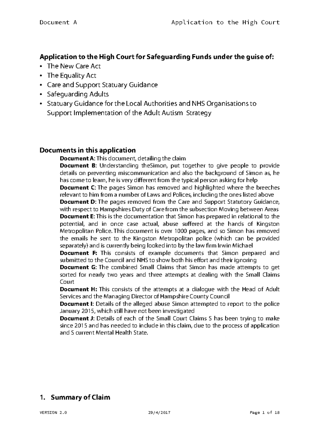 Document A- High Court Application V2 - Document A Application to the ...