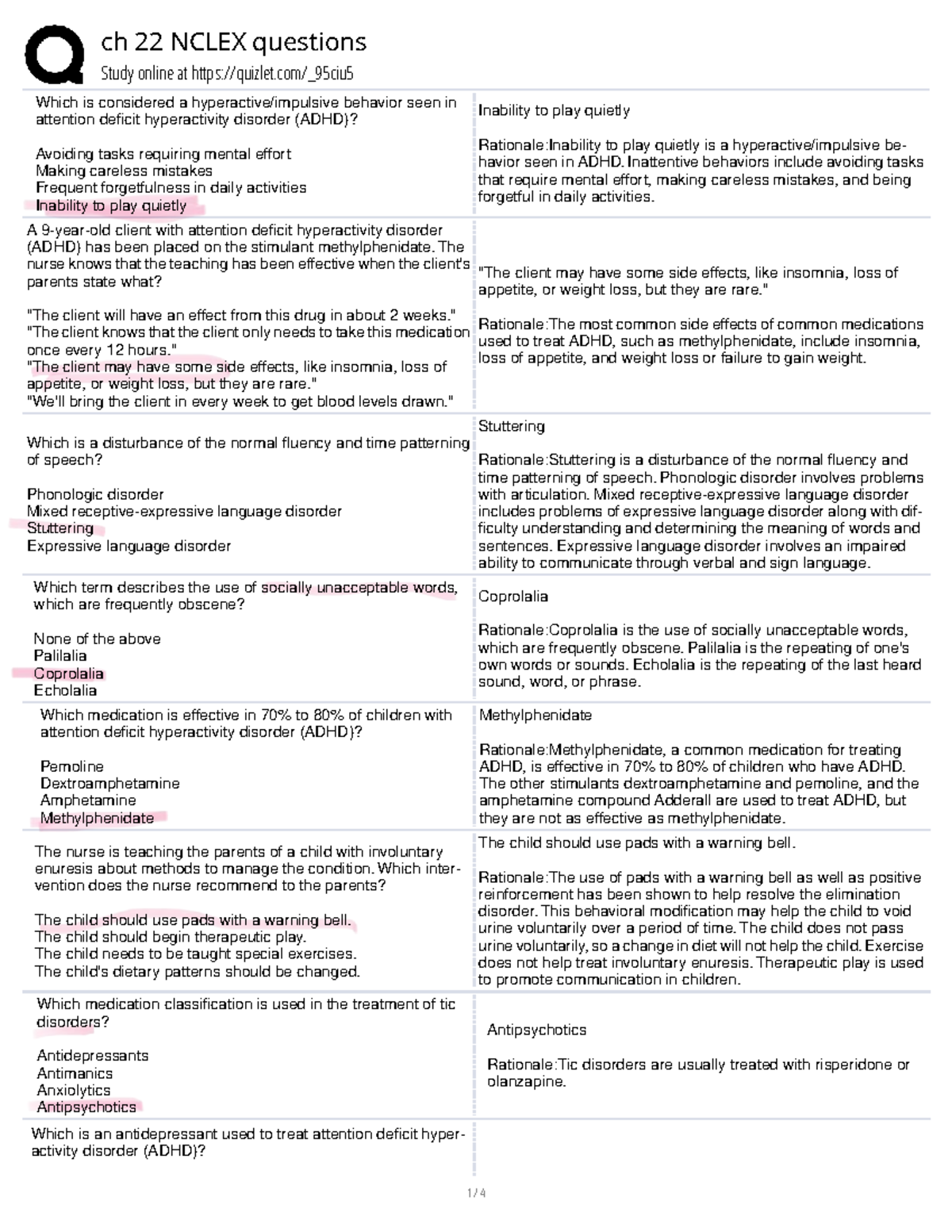 Ch 22 NCLEX Questions: ADHD and Related Disorders Study Guide - Studocu