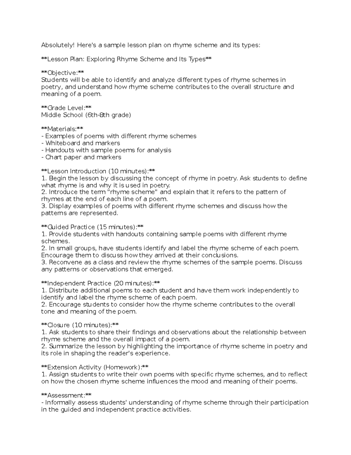 Lesson Plan on Rhyme Scheme Types for MS Poetry Class - Studocu