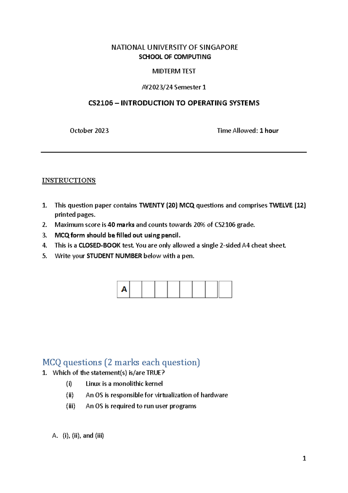 CS2106 Semester 1 Midterm Test Notes on Operating Systems - Studocu