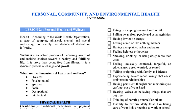 PERSONAL, COMMUNITY, AND ENVIRONMENTAL HEALTH LESSON 2.1: Health and ...