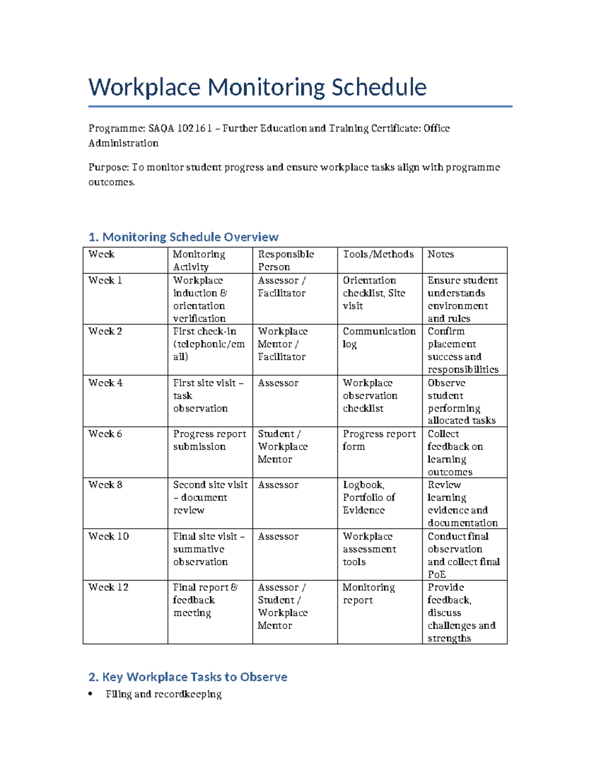Workplace Monitoring Schedule: SAQA 102161 Office Admin Certificate ...