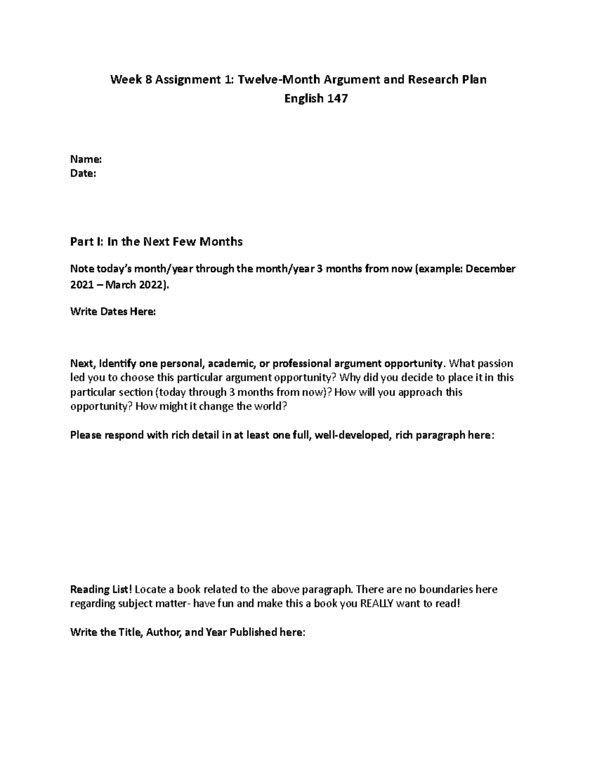 Week 8 Assignment 1 Worksheet - Week 8 Assignment 1: Twelve-Month ...