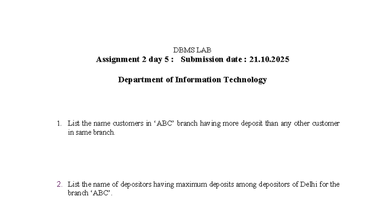 DBMS LAB Assignment 2: Customer and Depositor Analysis - Studocu