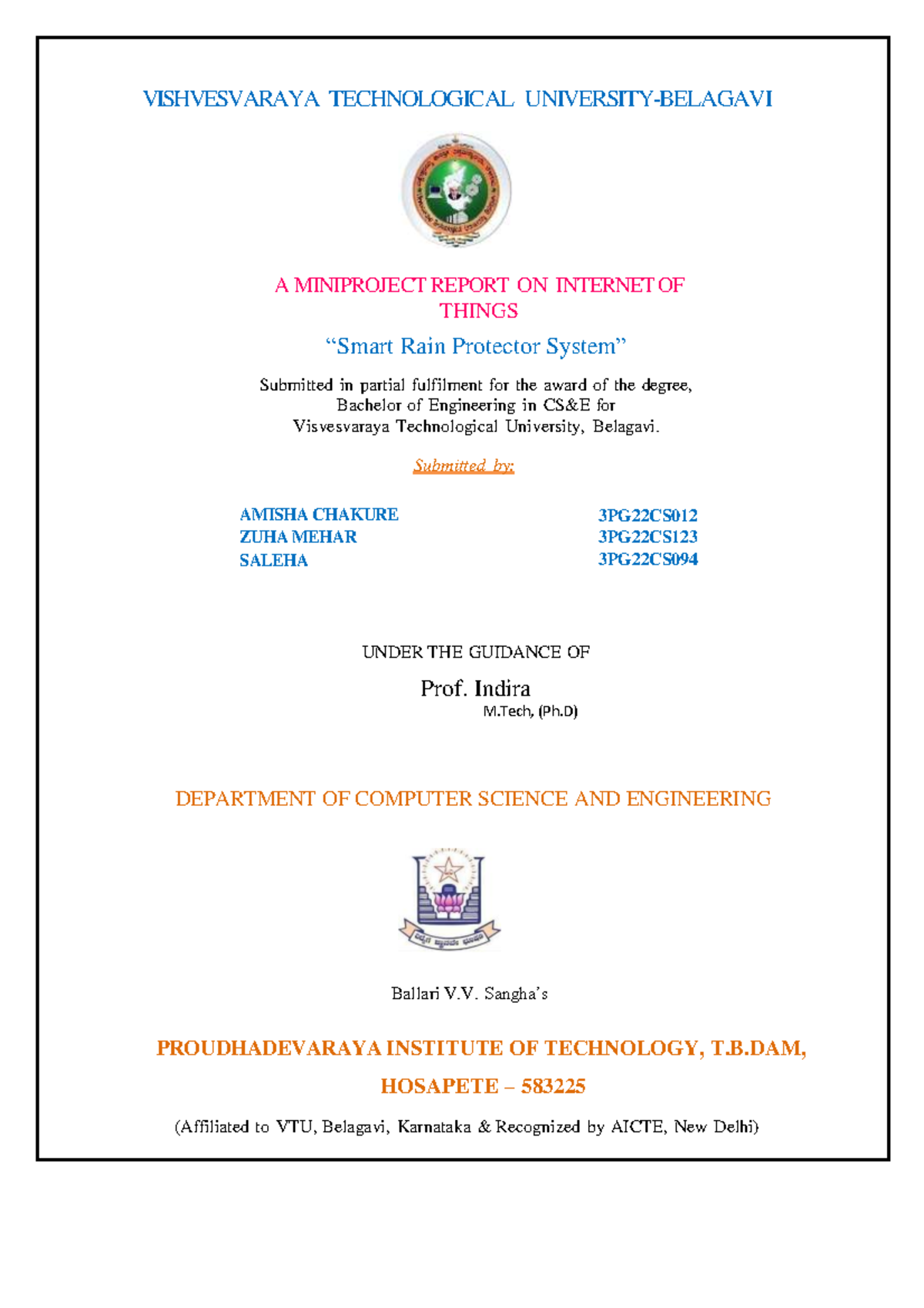 VTU 3PG22CS Mini Project Report: Smart Rain Protector System - Studocu
