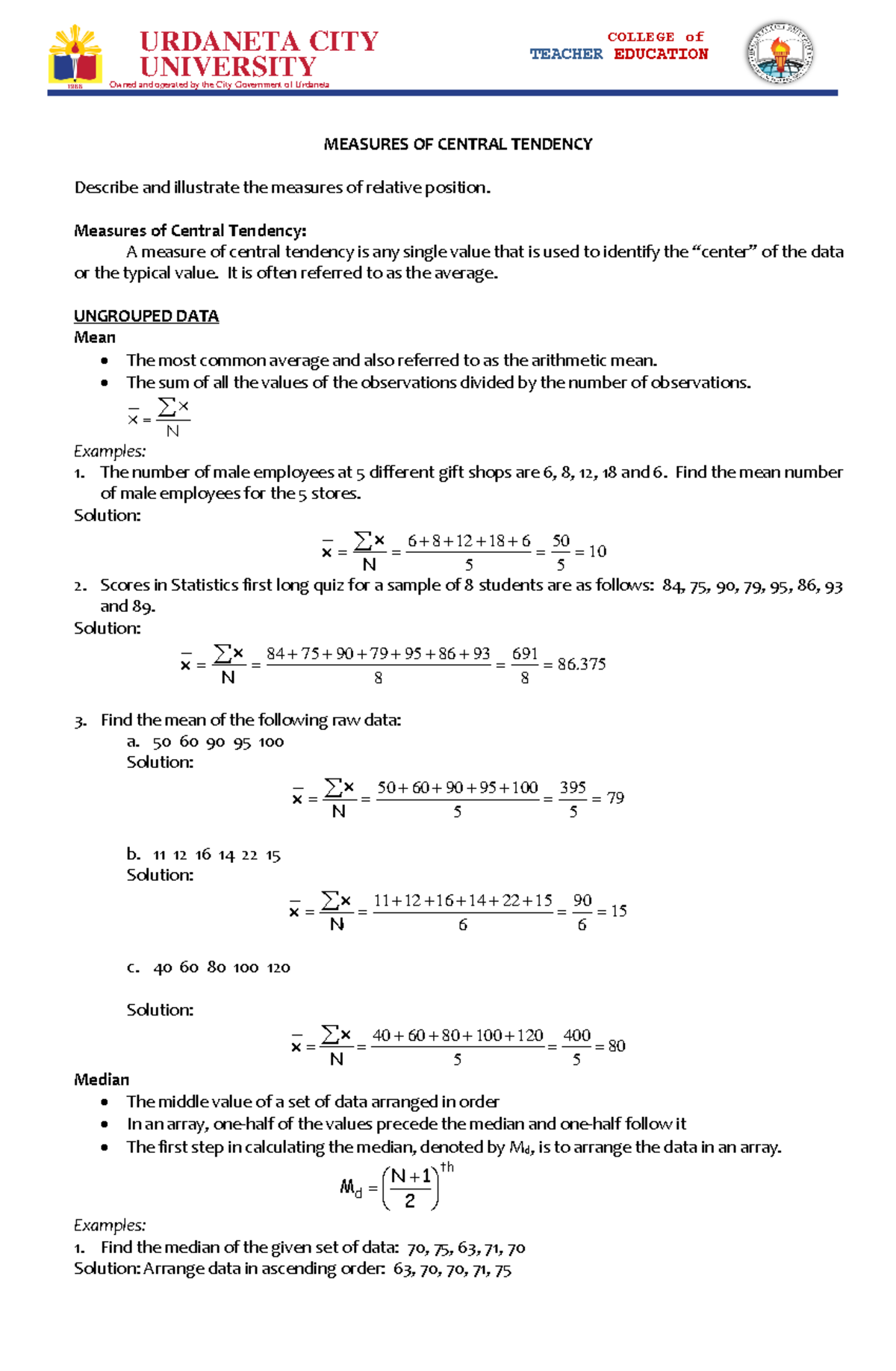 Measures of Central Tendency - URDANETA CITY UNIVERSITY Owned and ...