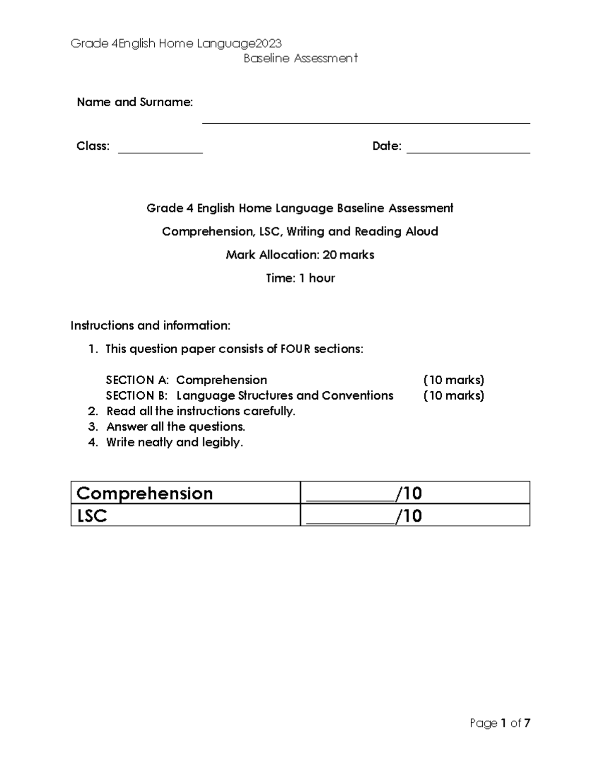 Grade 4 HL Baseline Assessment: Comprehension & Language Skills - Studocu