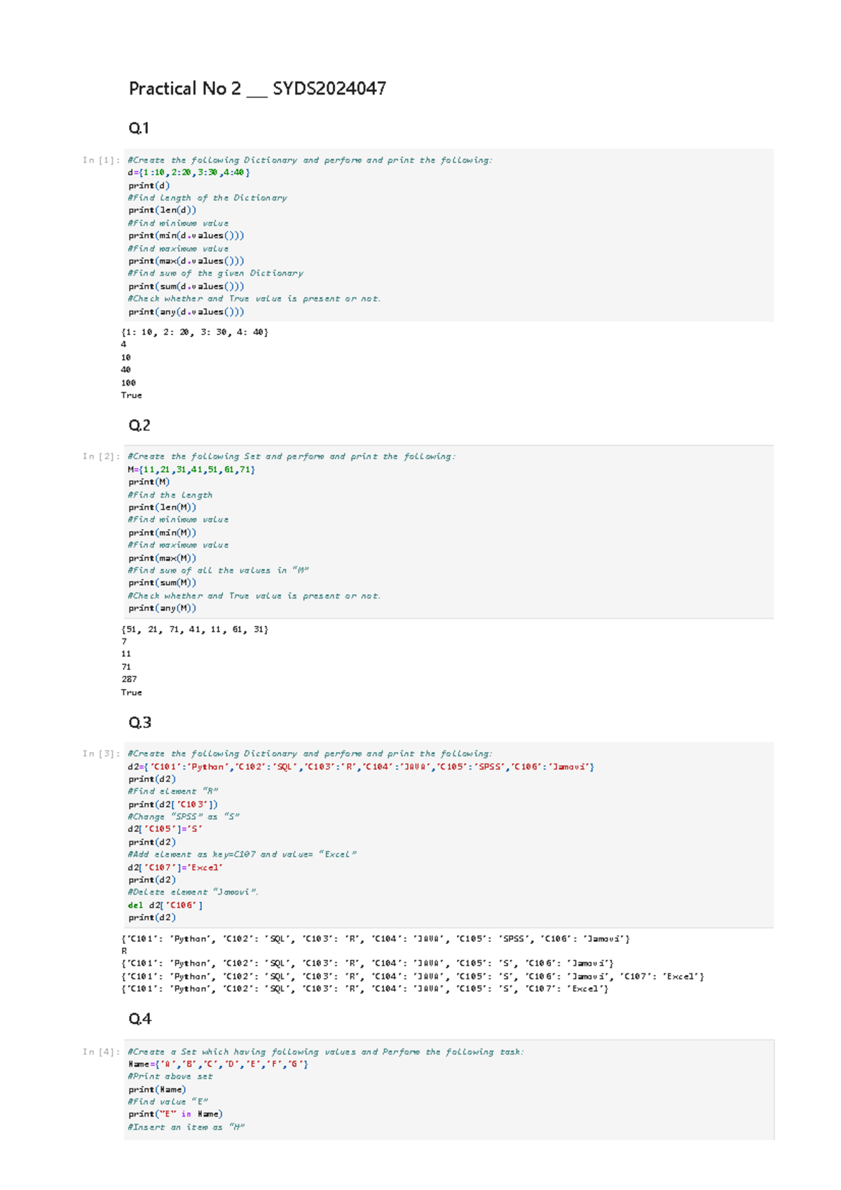 Practical No 2 SYDS2024047: Dictionary, Set, Tuple Operations - Studocu