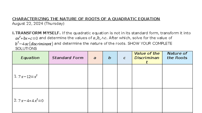 Math 9: Characterizing the Nature of Roots of Quadratic Equations - Studocu