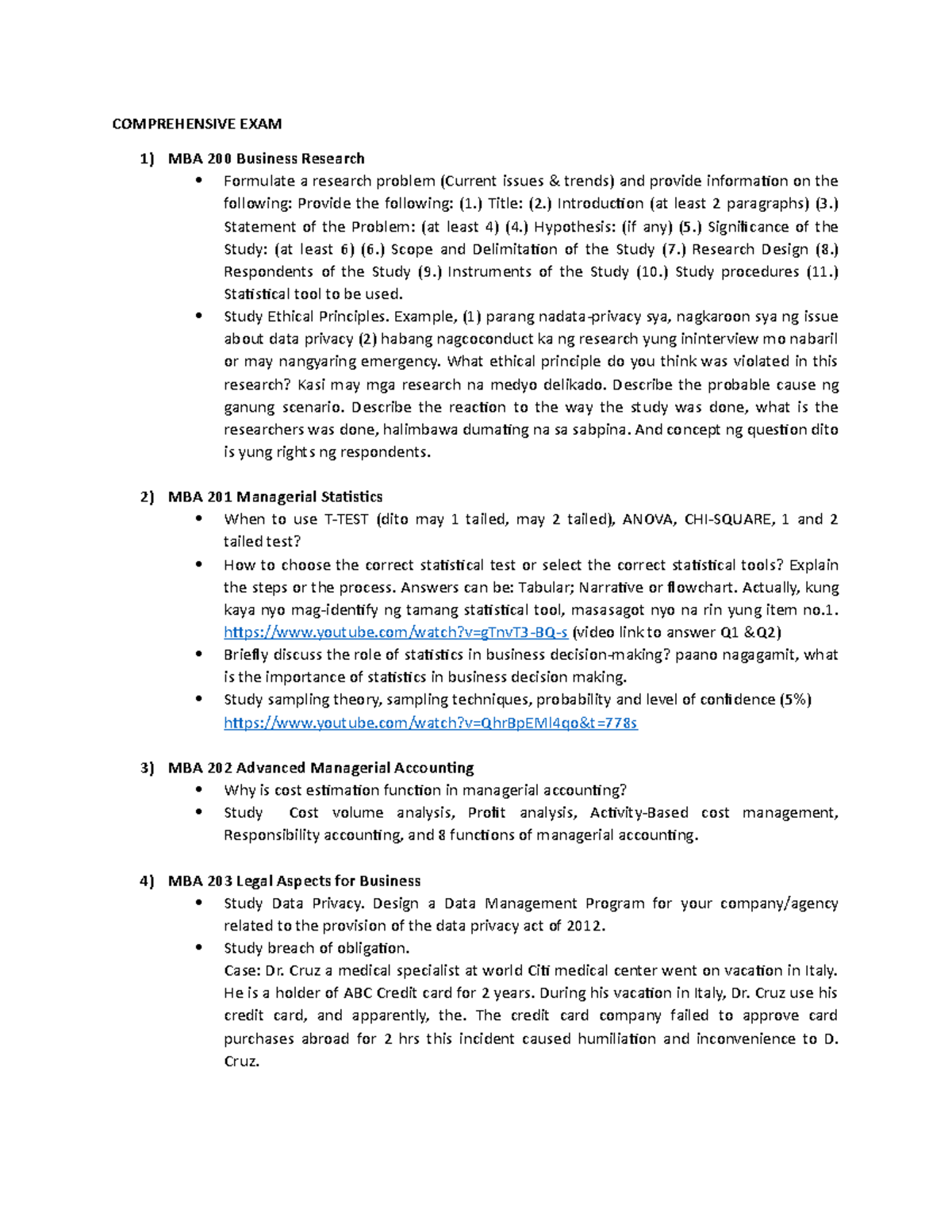 MBA Comprehensive Exam Reviewer: Key Topics and Guidelines - Studocu