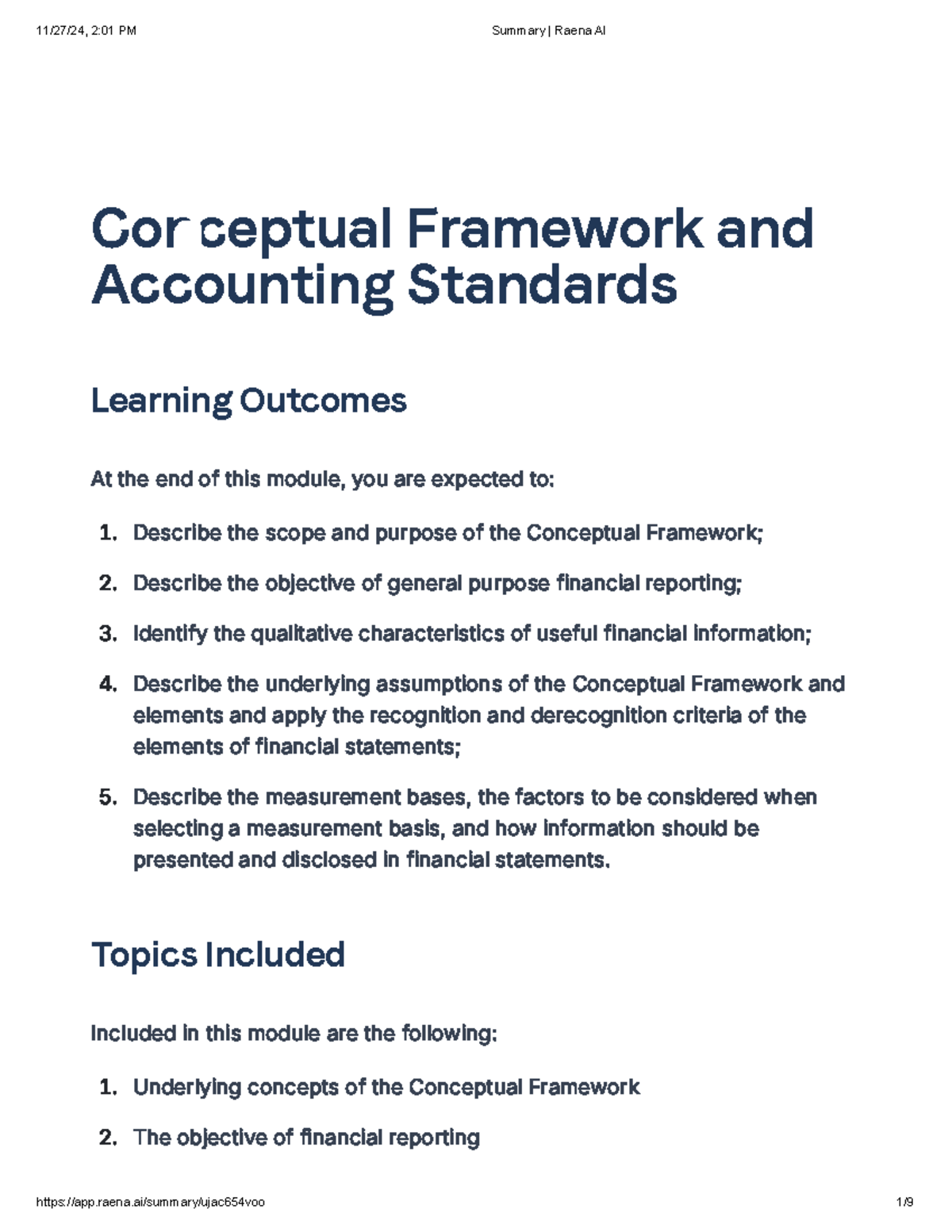 Summary of Module 2: Conceptual Framework & Accounting Standards - Studocu