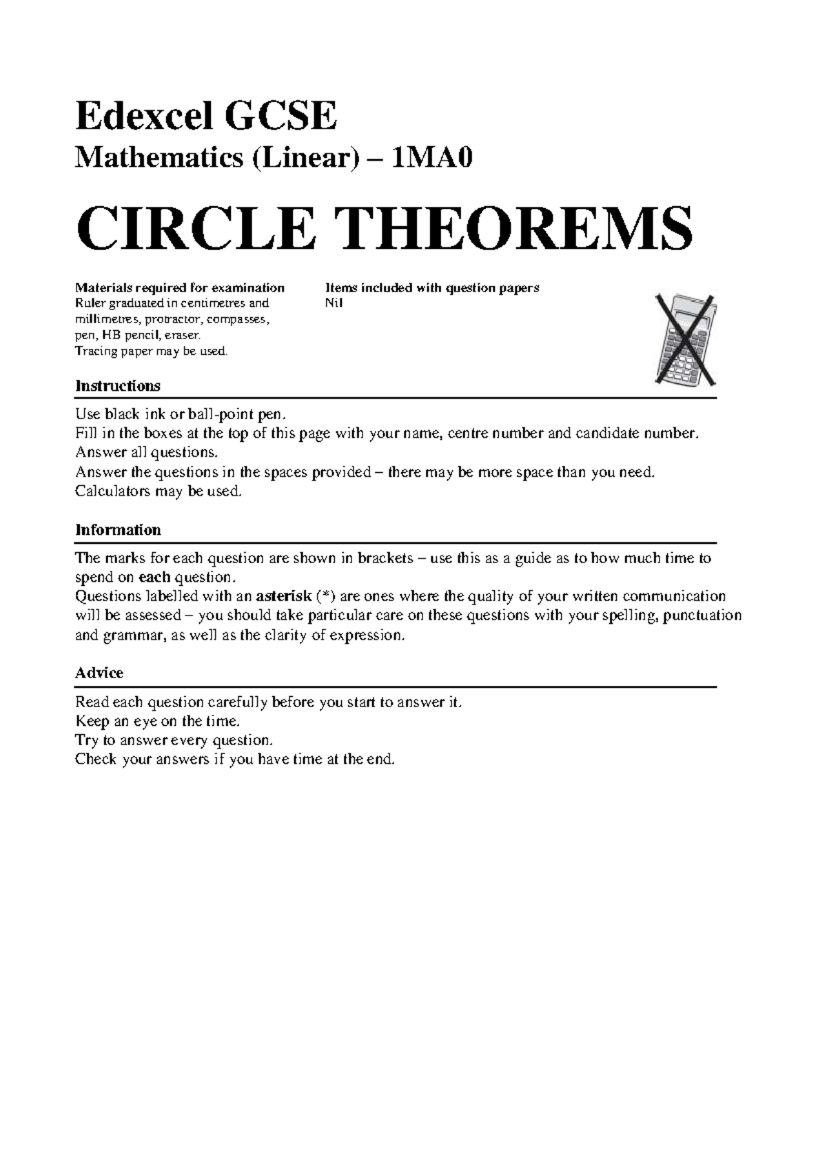 Edexcel GCSE Maths (1MA) Circle Theorems Overview and Practice - Studocu