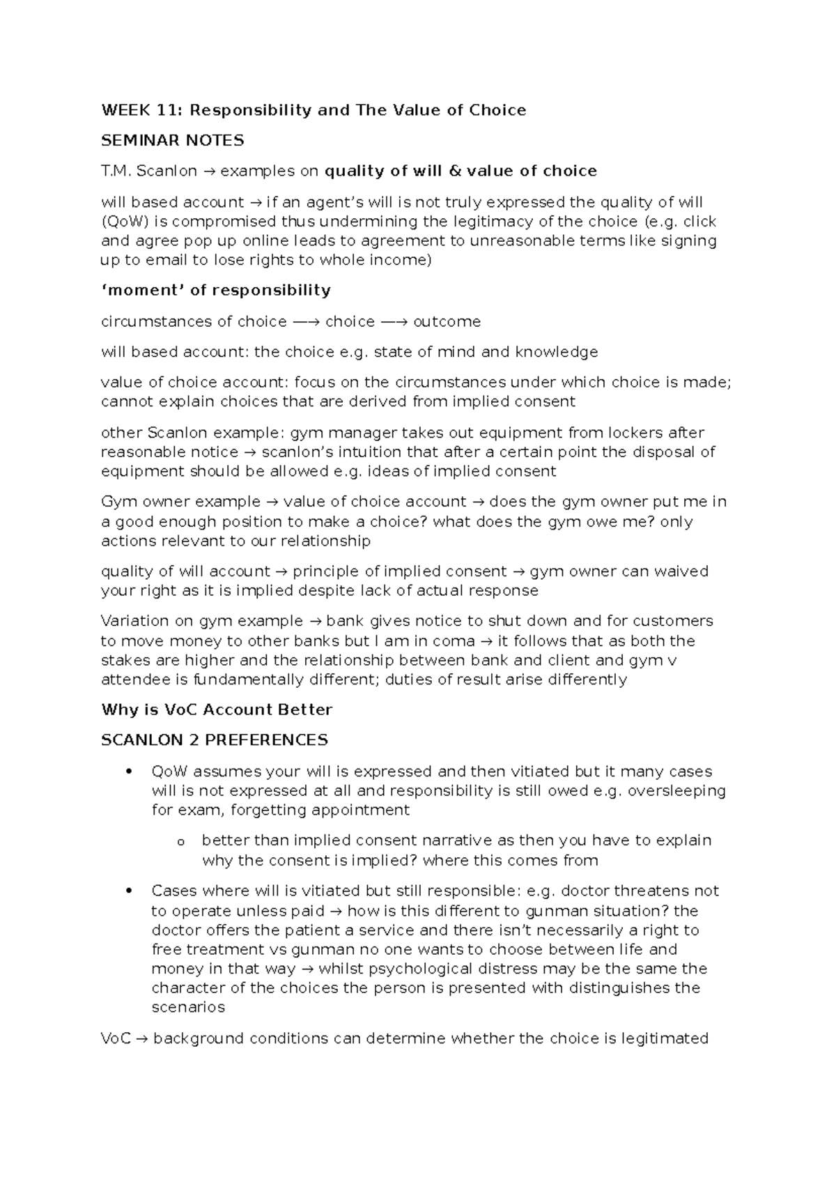 WEEK 11: Responsibility and Value of Choice - ADV TORT Seminar Notes ...