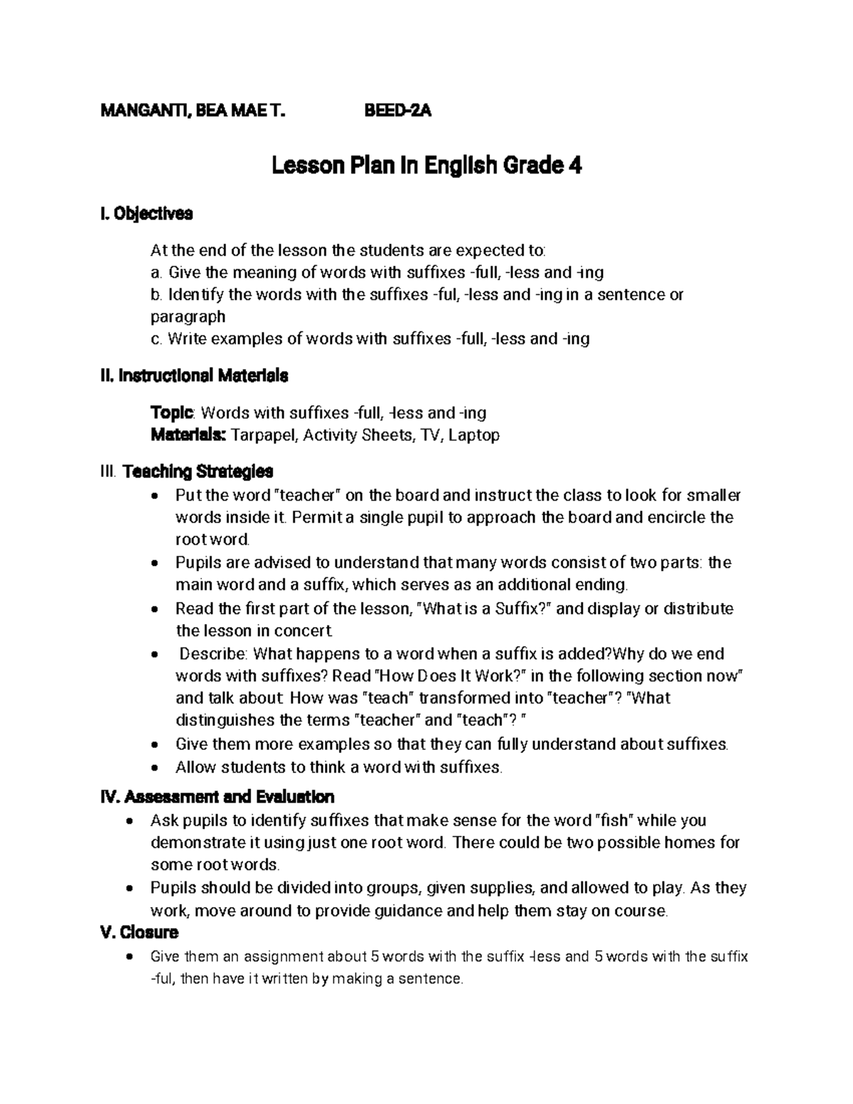 Manganti BEA MAE T Lesson PLAN - MANGANTI, BEA MAE T. BEED-2A Lesson ...