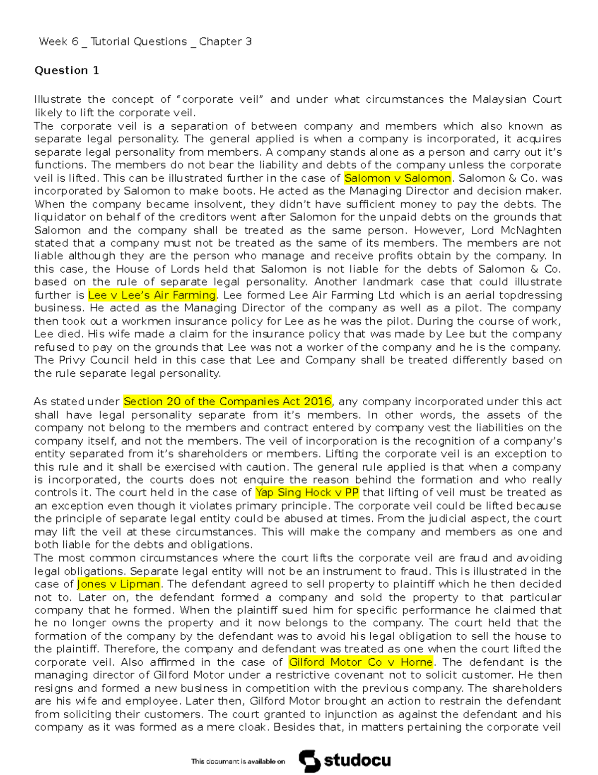 Week 6 Tutorial Questions: Lifting the Corporate Veil in Malaysia - Studocu