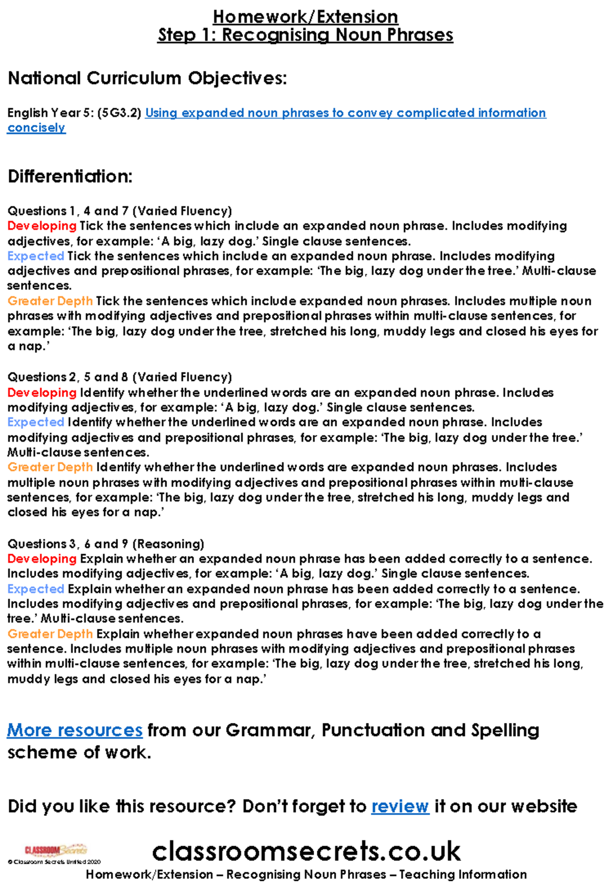 GPS Year 5: Recognising Noun Phrases - Teaching & Assessment Guide ...