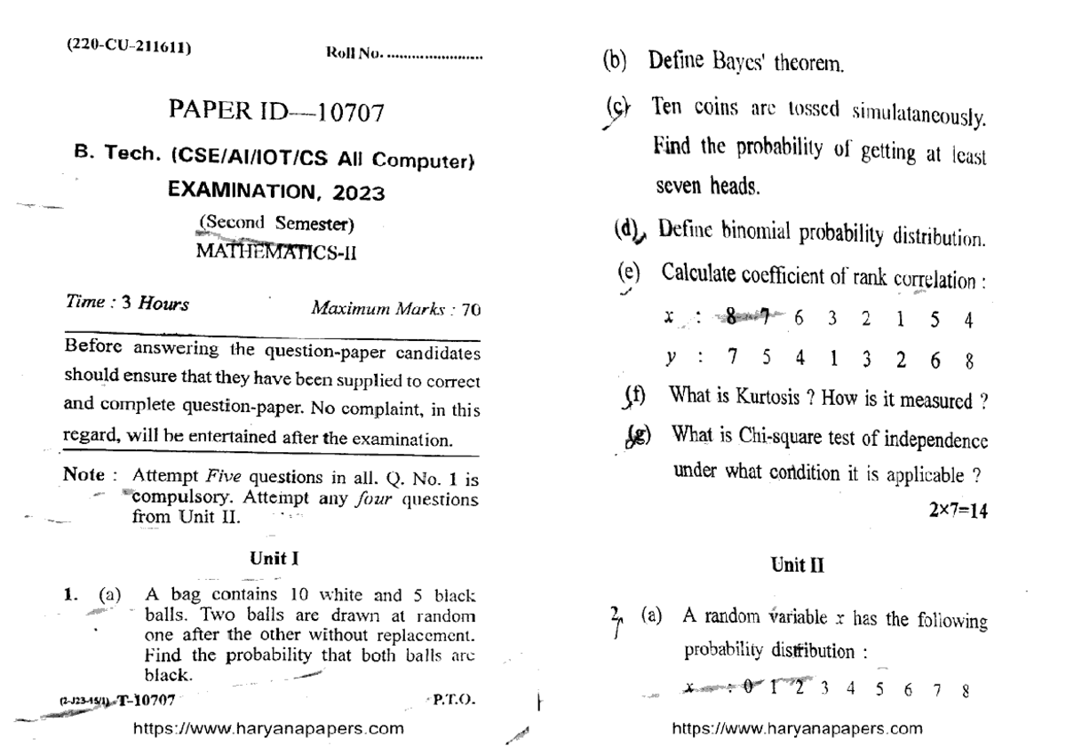 B.Tech 2nd Sem Mathematics II Exam 2023: Probability & Statistics - Studocu