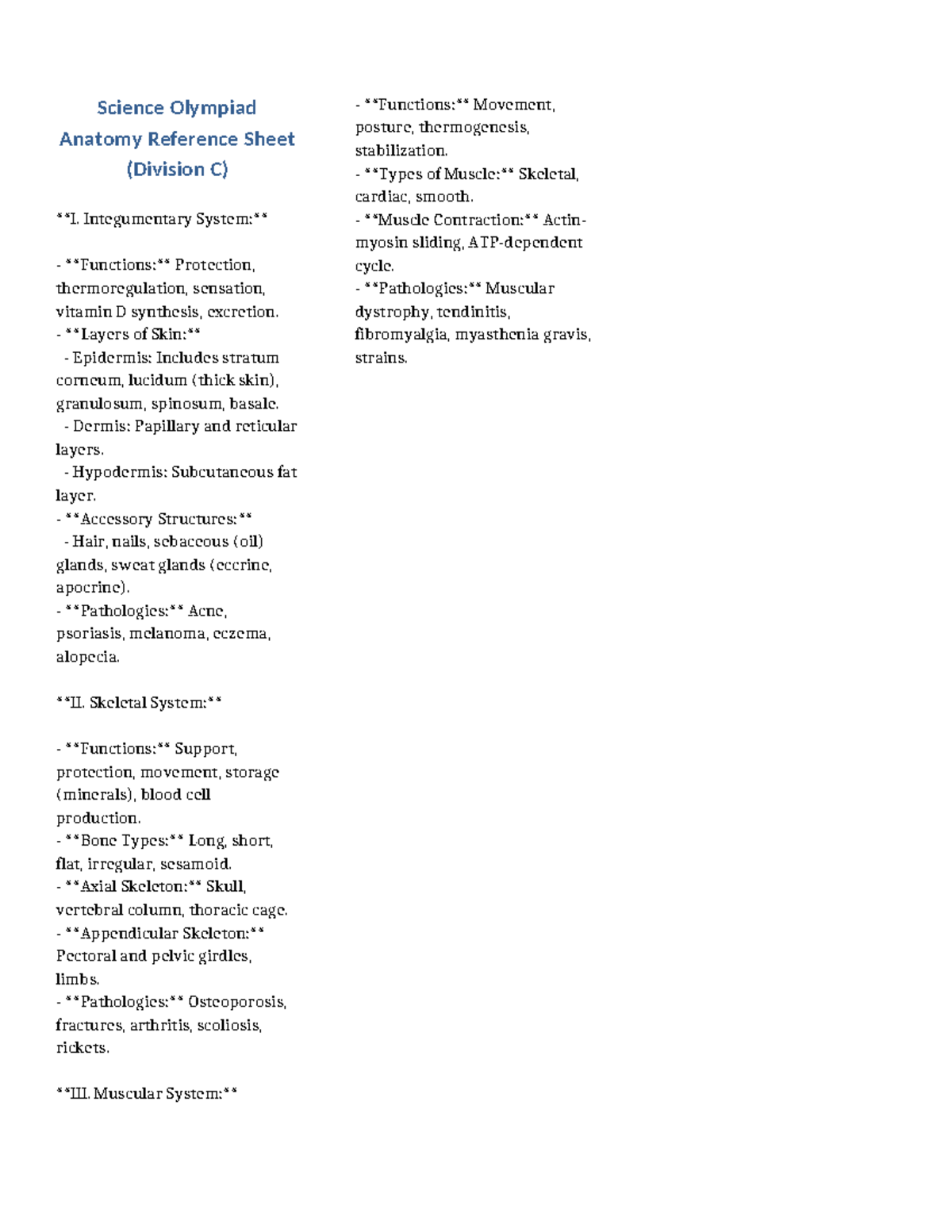 Anatomy Three Column Reference Sheet - Science Olympiad Anatomy ...