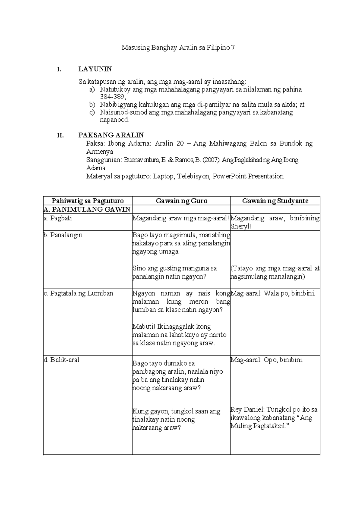 Banghay Aralin sa Filipino 7: Aralin 20 - Ang Mahiwagang Balon - Studocu
