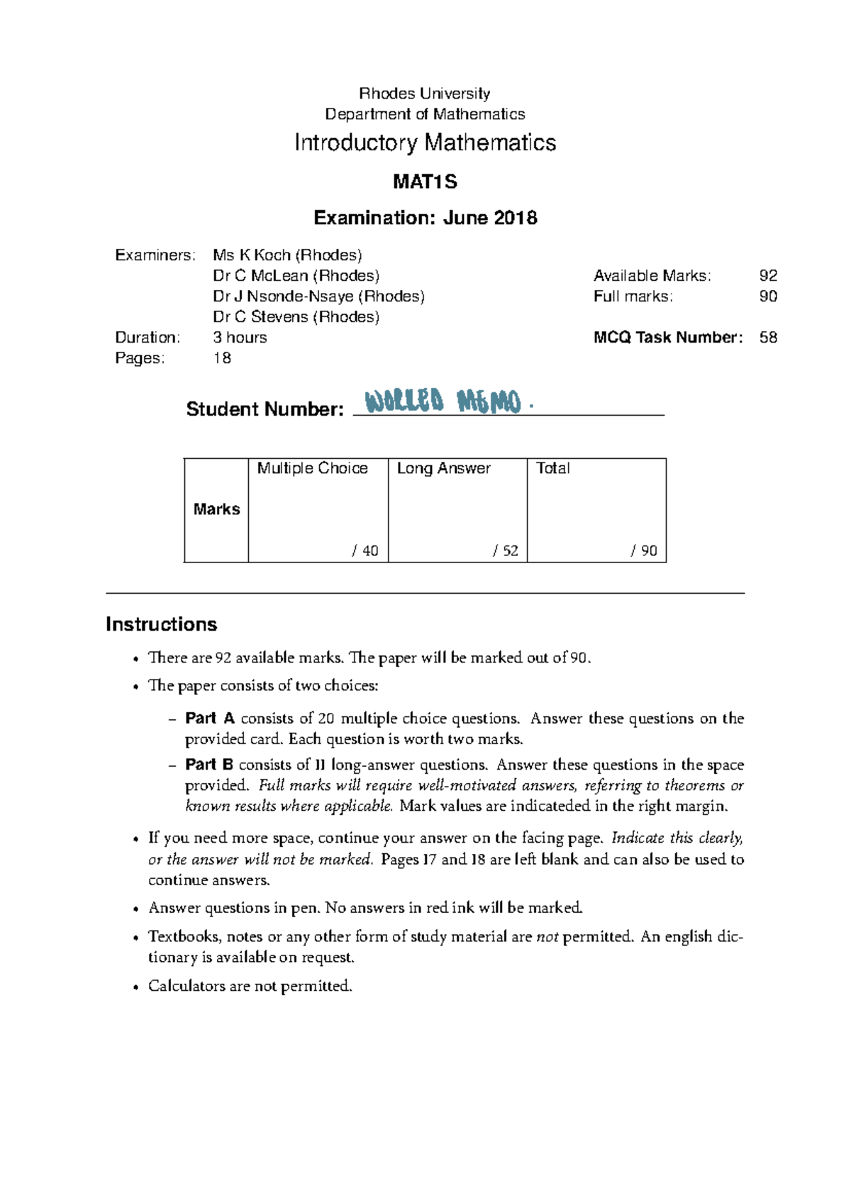 2018 MAT1S June Exam: Worked Solutions and Memo - Studocu
