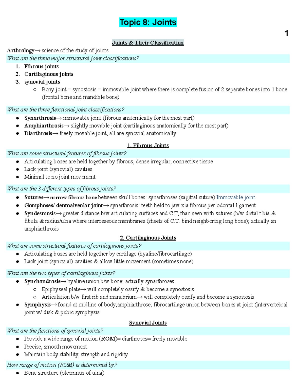 Topic 8: Joints Overview - A&P 1 Final Exam Study Notes - Studocu