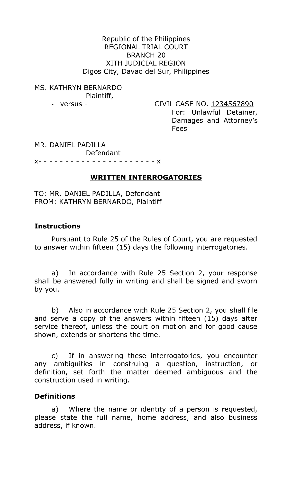 Civpro Written Interrogatories in Civil Case No. 1234567890 - Studocu
