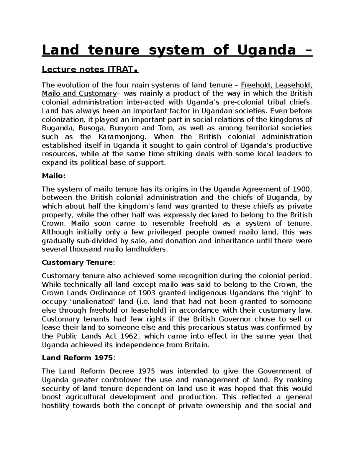 ITRAT Land Law Lecture Notes: Understanding Uganda's Tenure Systems ...