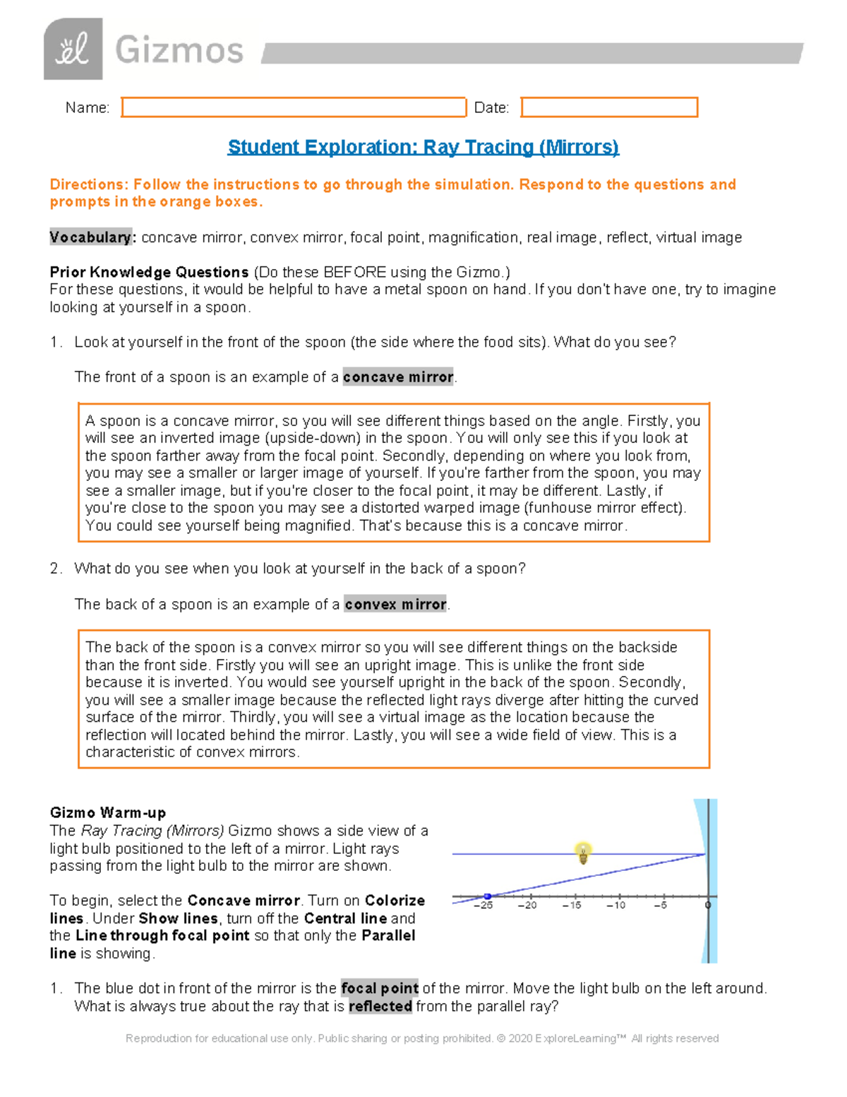 Ray Tracing Mirrors Gizmo - Name: Date: Student Exploration: Ray ...