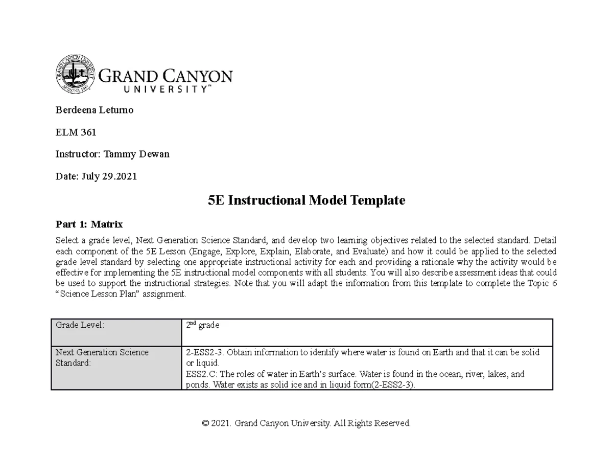 ELM-361 Topic 2 Assignment - Amber Daugherty 06/30/ EDU 361 5E Instructional Model Template Part ...