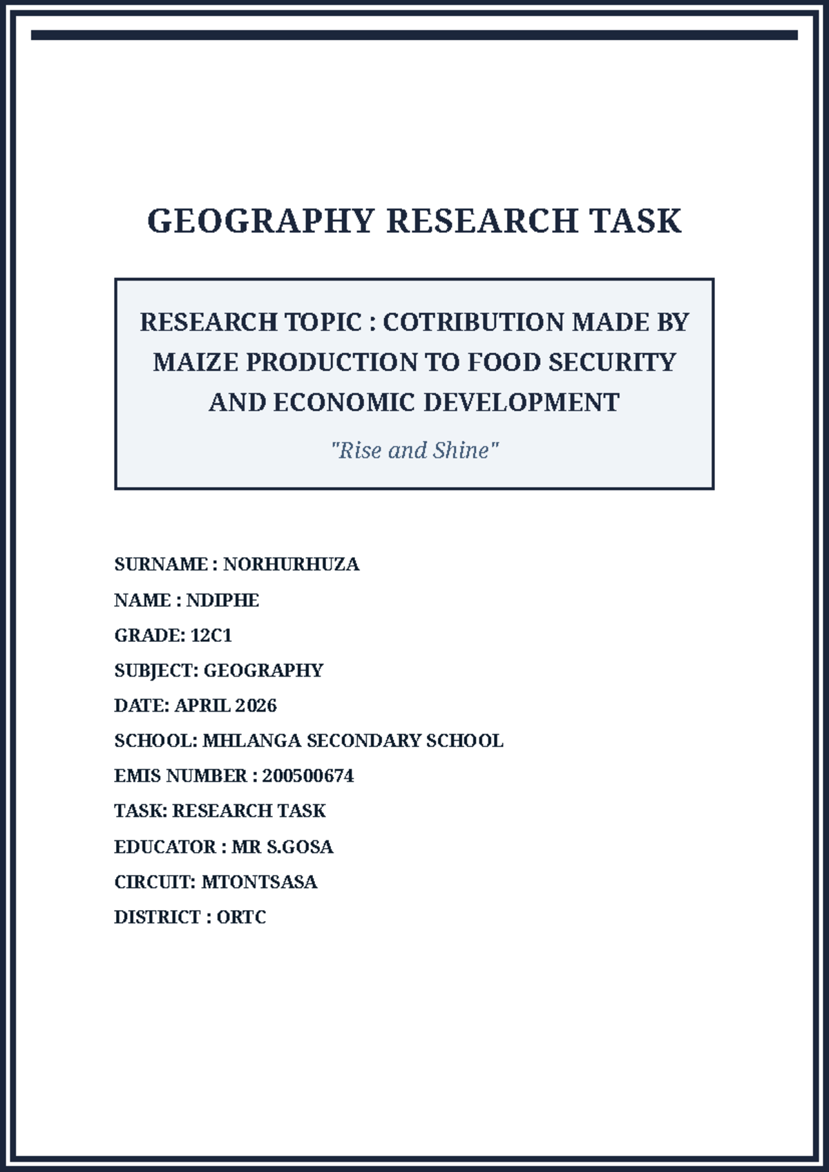 GEOG 12C1 Research Task: Impact of Maize Production on Food Security ...