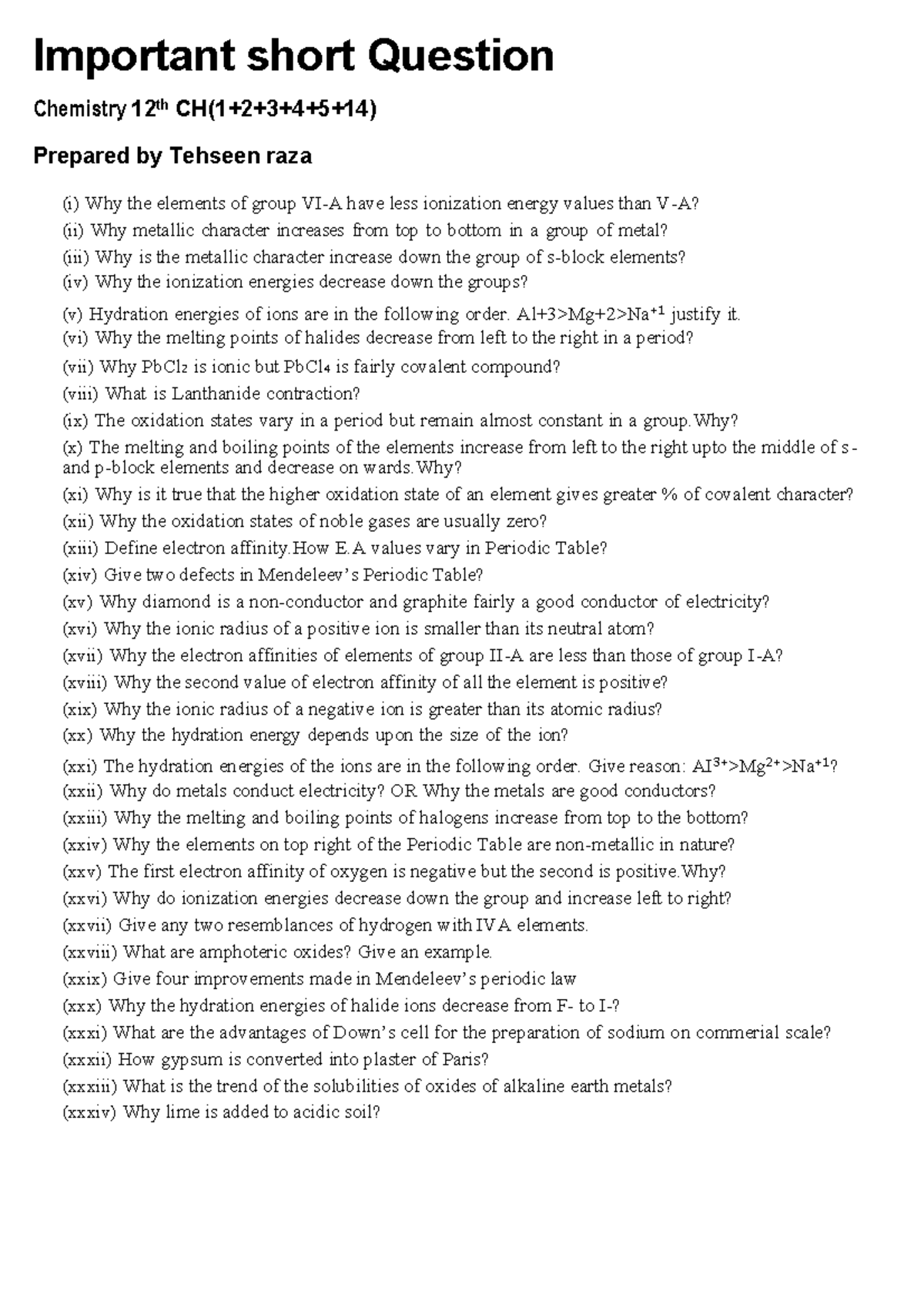 Important Short Questions for Chemistry 12th Exam - Studocu